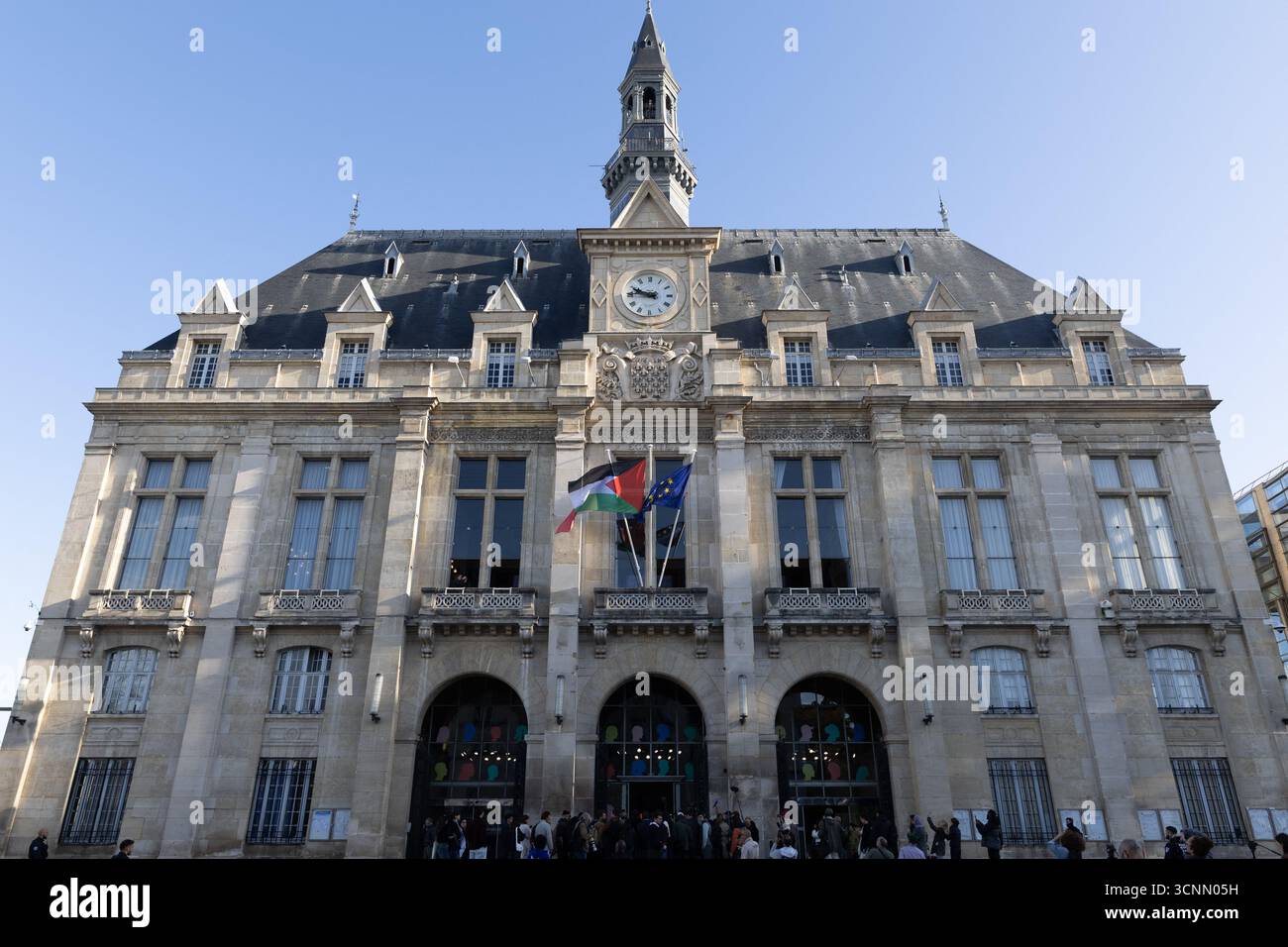 Flag raising ceremony of the Palestinian flag outside Saint-Denis town ...
