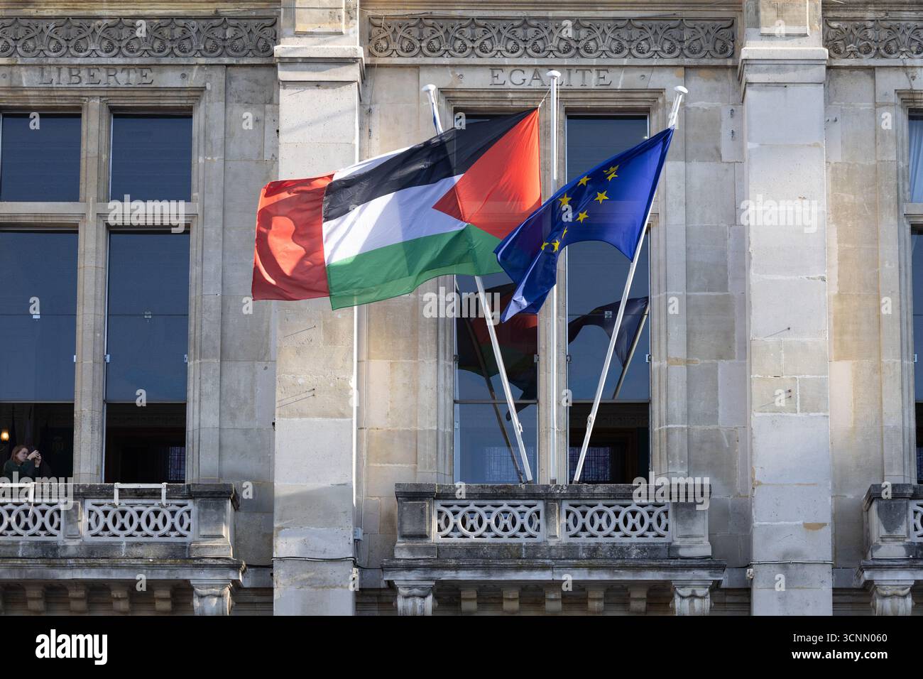 Flag raising ceremony of the Palestinian flag outside Saint-Denis town ...