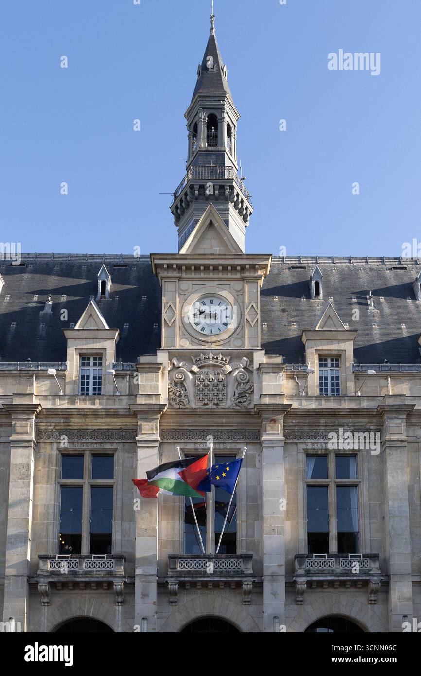 Flag raising ceremony of the Palestinian flag outside Saint-Denis town ...