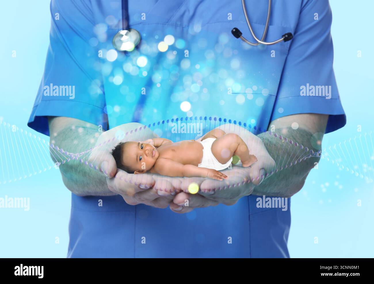 In vitro fertilization (IVF). Doctor holding little baby in hands ...