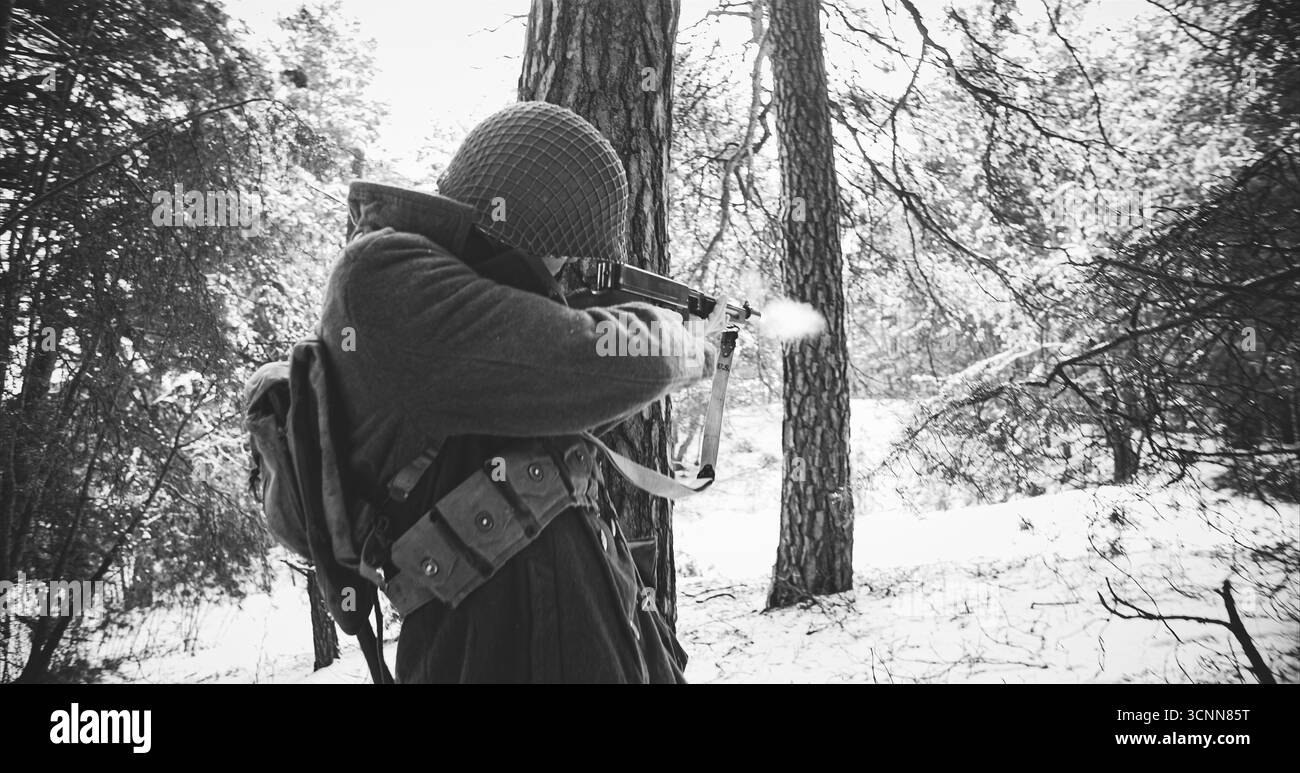 Usa Soldier With Old Thompson Sub-machine Gun. Close-up View Detail On ...
