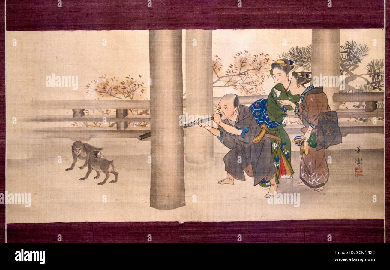 Hoen (1804-1867), genre scene with two monkeys, ink and paint on silk ...