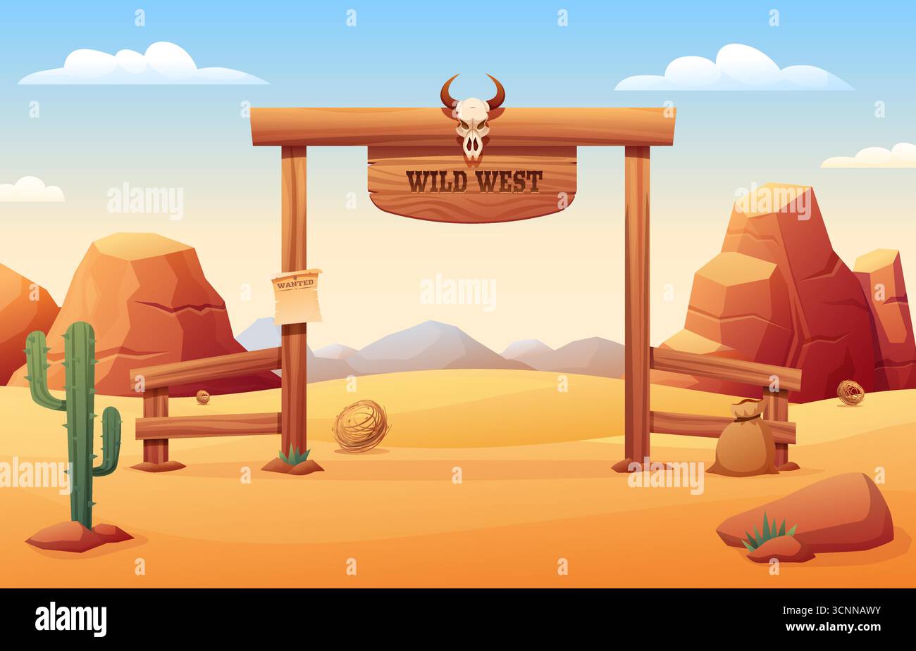 Wild west wooden gates in desert. Western landscape with mountains and ...