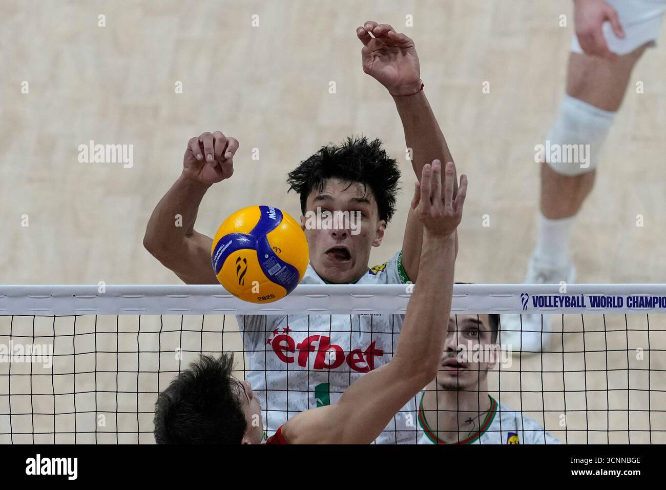 Simeon Nikolov of Bulgaria hits the ball against Portugal during their ...