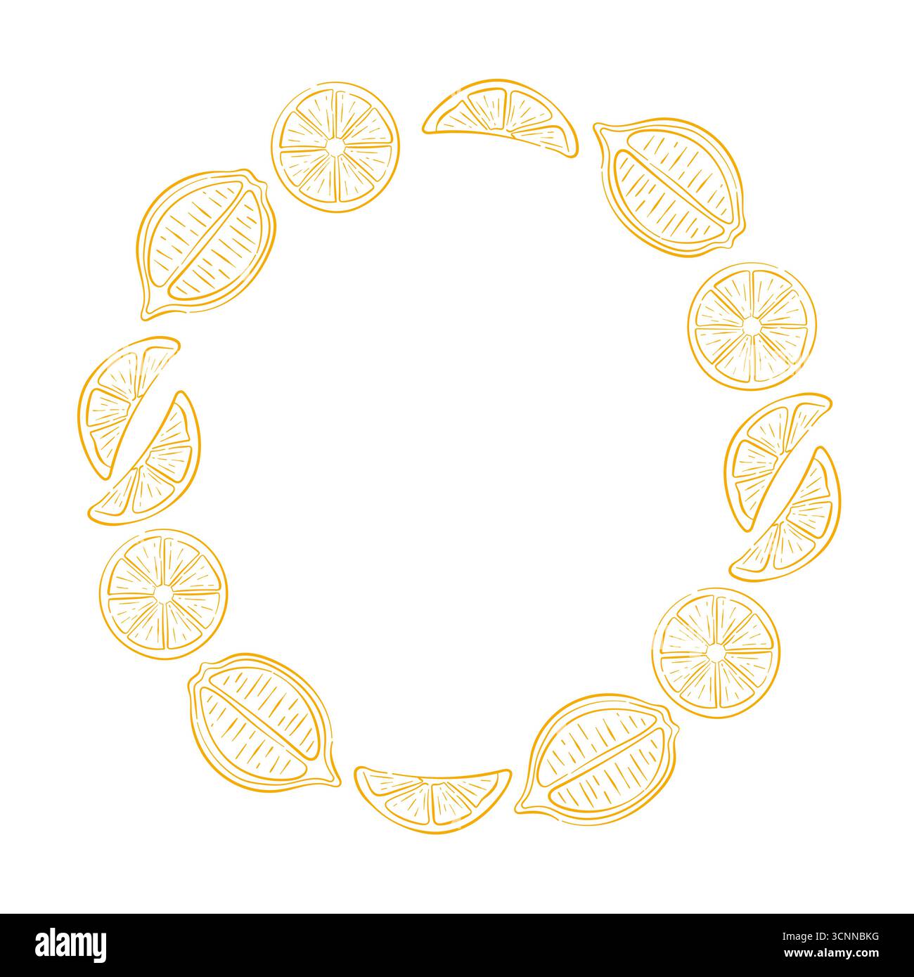 Circular frame border made of line art style lemon slices on white ...