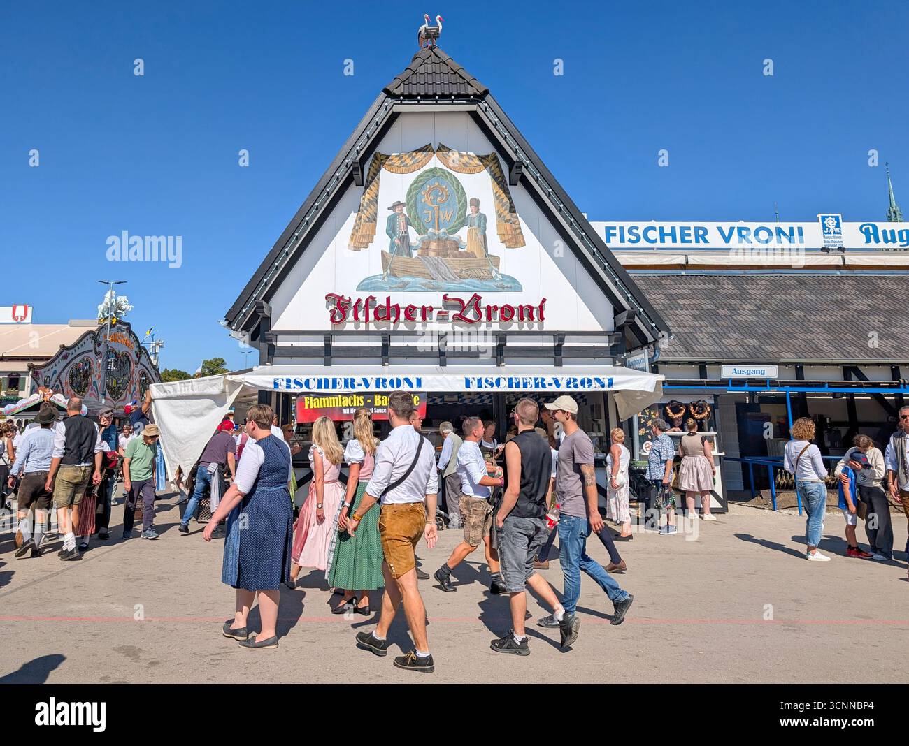 Crowds gather in front of the Fischer Vroni beer tent, famous for its ...