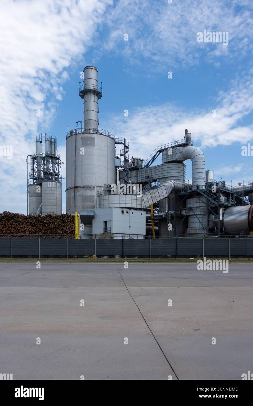 Exterior view of the piping of industrial wood processing plant ...