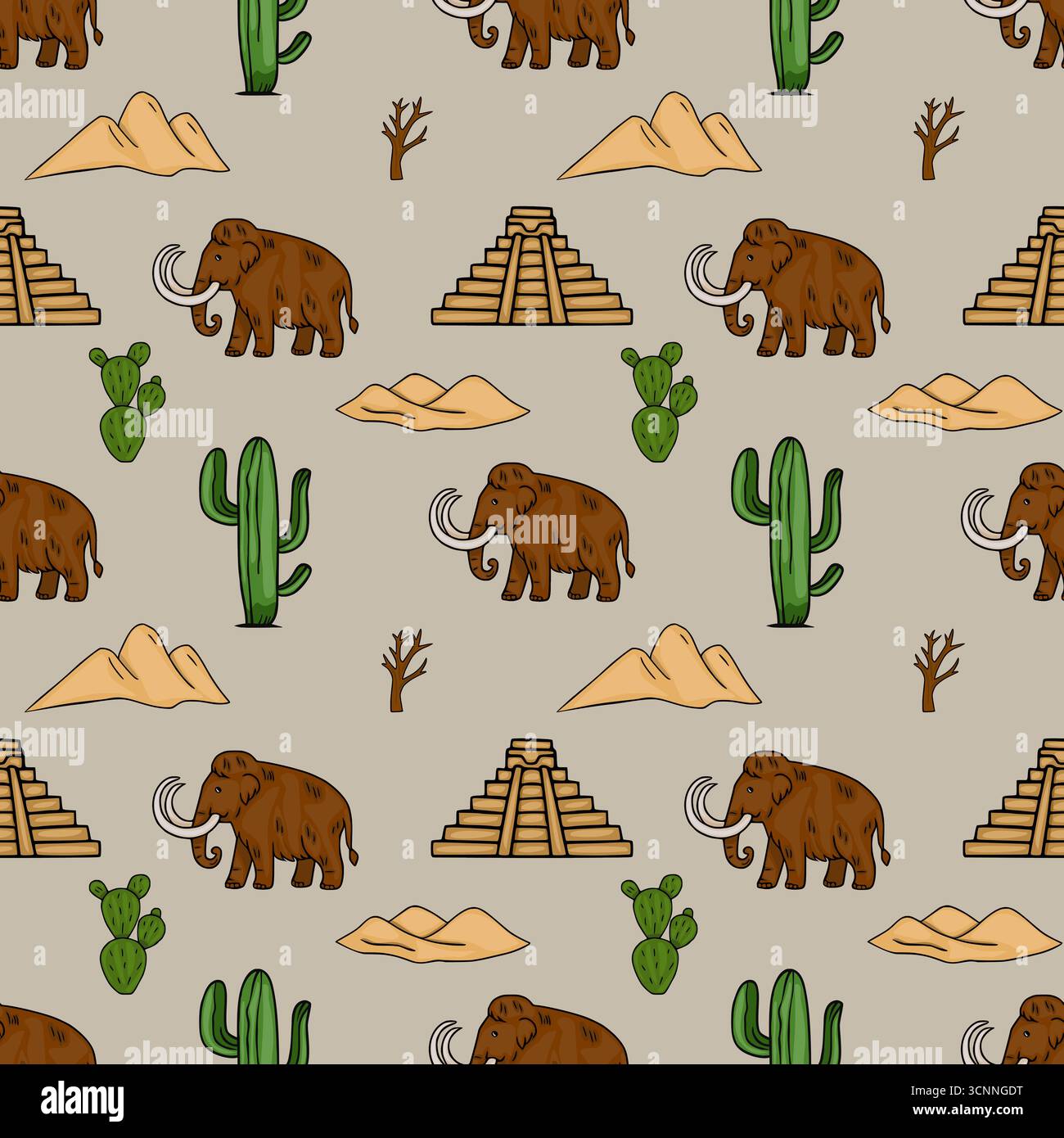 Seamless vector pattern featuring prehistoric mammoths, cacti, desert ...