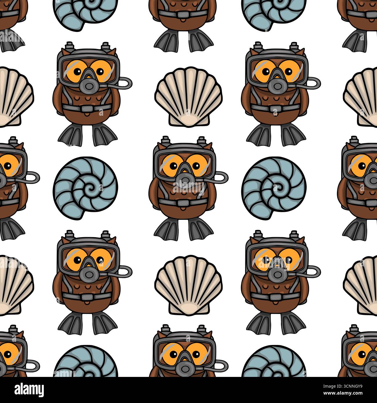 Seamless vector pattern featuring adorable cartoon owls in scuba gear ...