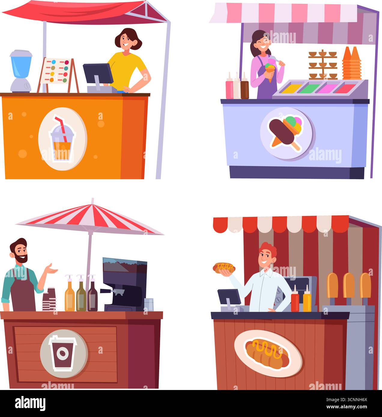 Street food. Urban food vendors making different snacks fast food hot ...