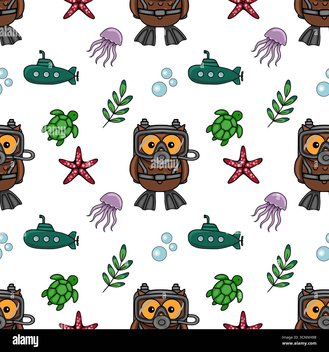 Adorable vector seamless pattern featuring a scuba-diving owl, sea ...