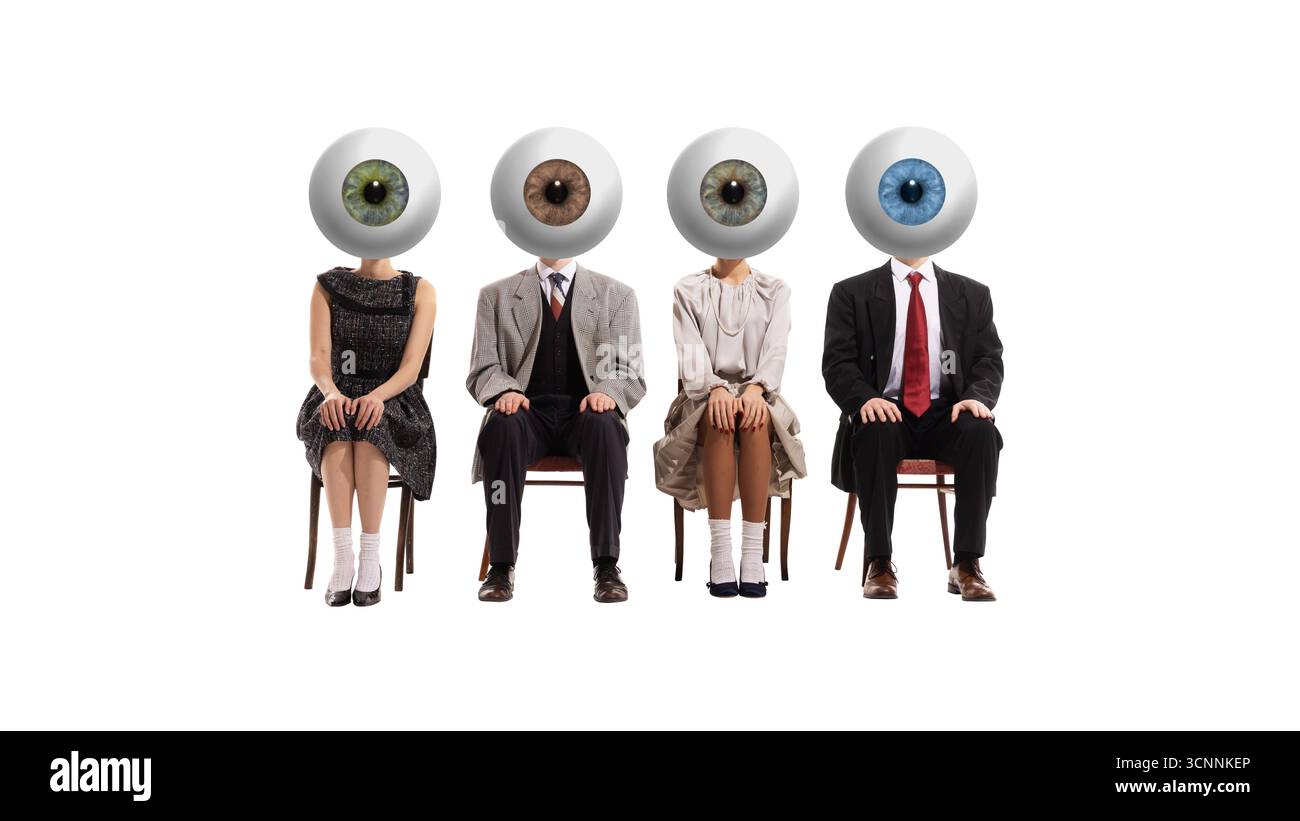 Abstract collage. Four people with giant eyeball heads sitting on ...
