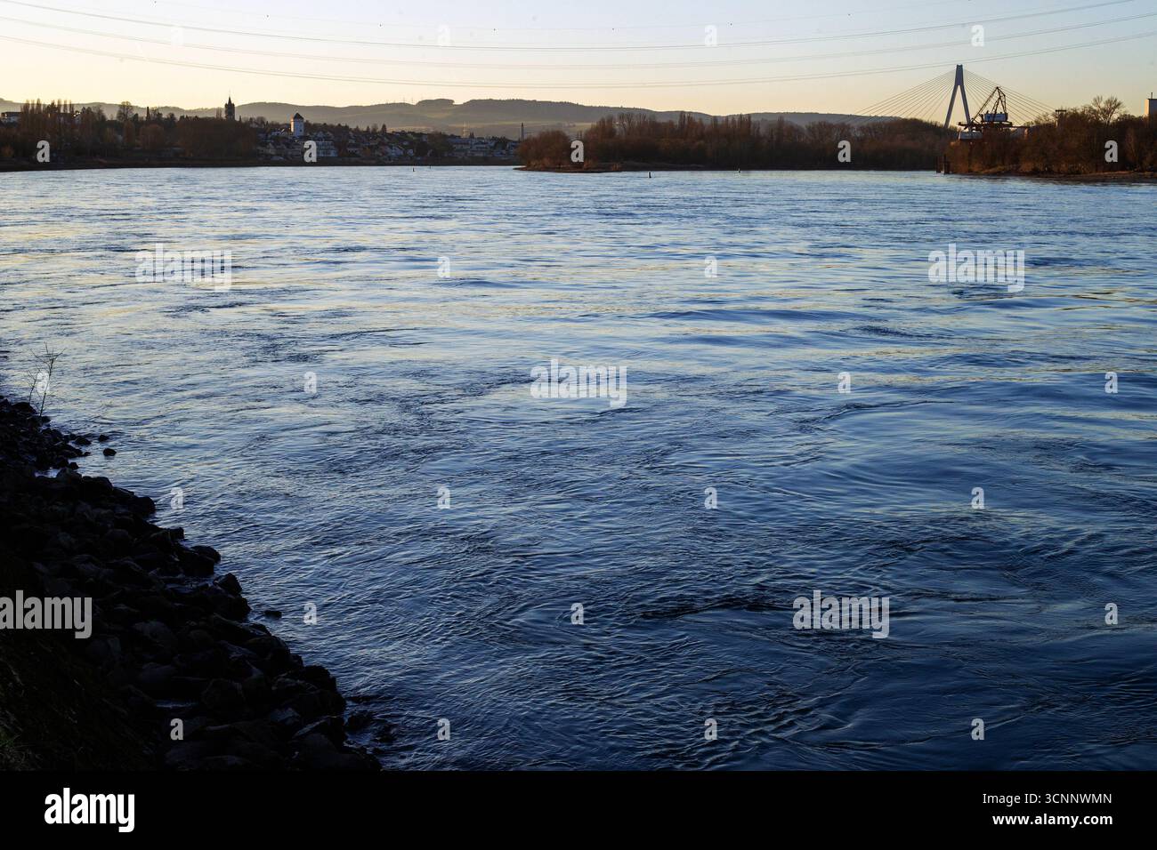 River Rhine, waves, water bridge, Raiffeisenbruecke, Raiffeisenbrücke ...