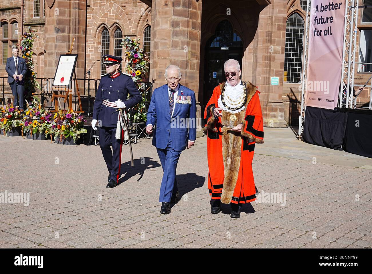 King Charles III arrives at the Town Hall in Barrow-in-Furness, Cumbria ...