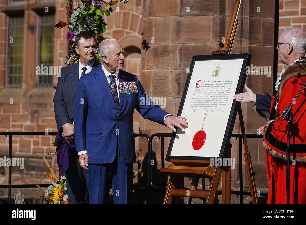 King Charles III arrives at the Town Hall in Barrow-in-Furness, Cumbria ...