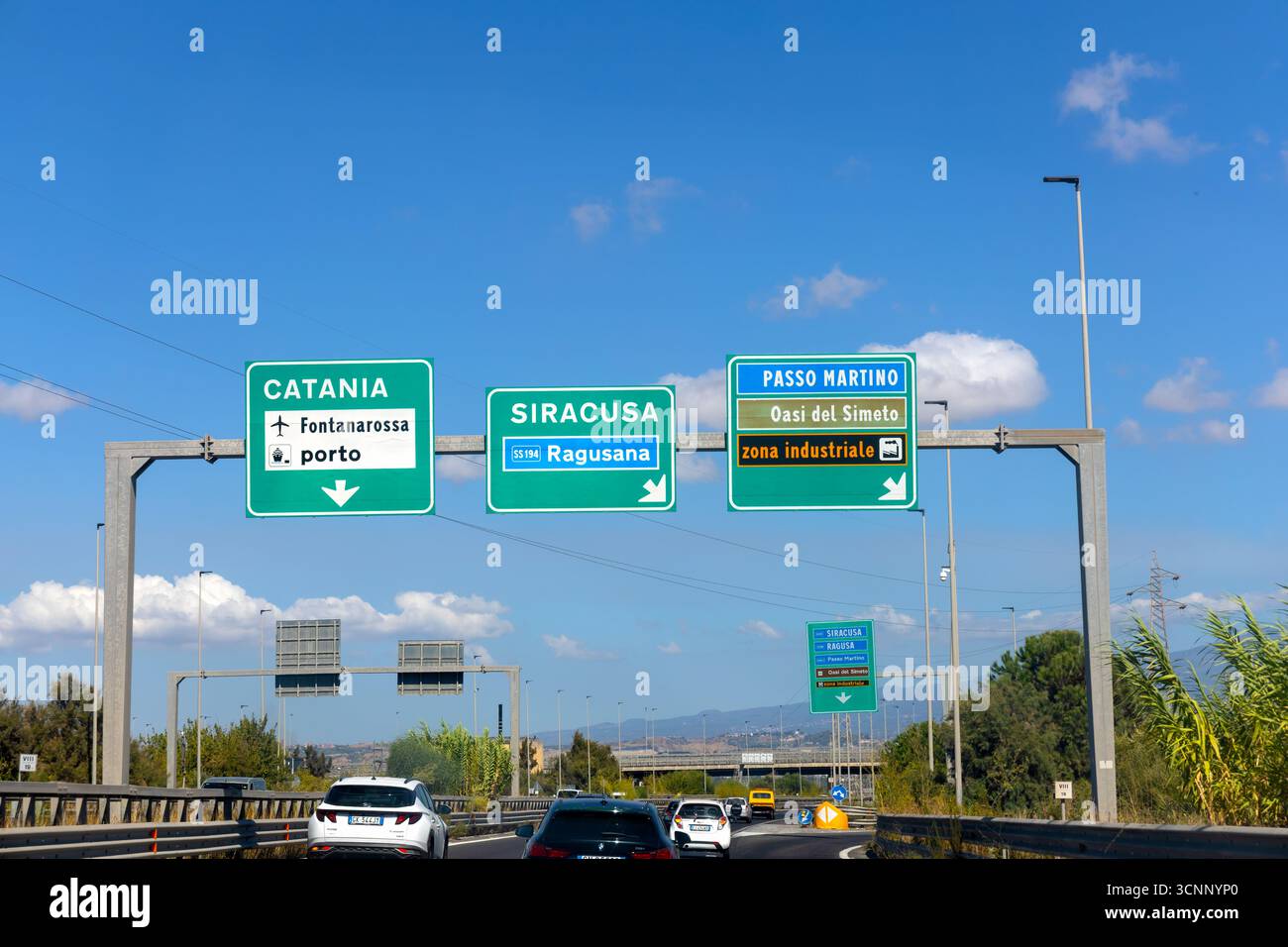 Highway leading to Catania Airport with road signs. Catania, Italy ...