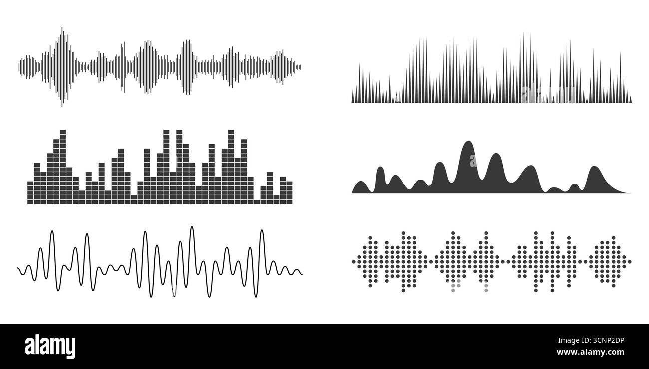 Sound radio wave set grayscale set icon, voice message podcast audio ...