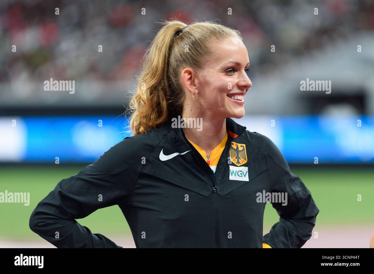 Christina Honsel (Germany) in a training jacket before the high jump ...