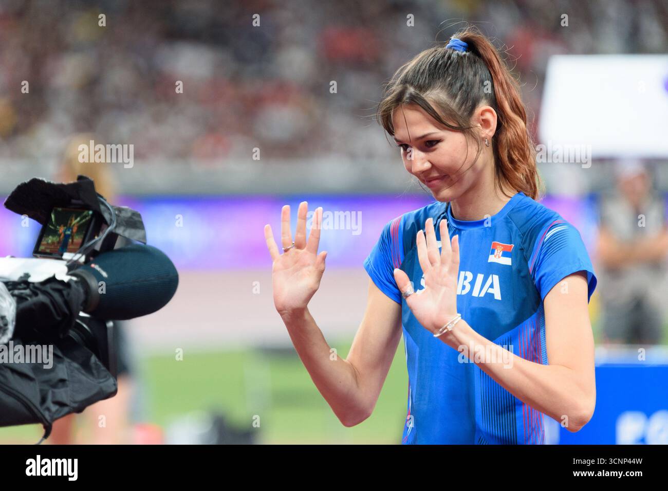 Angelina Topic (Serbia) greeting into the camera before the high jump ...
