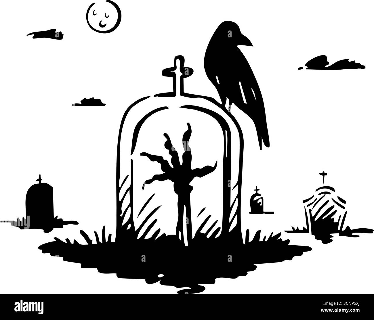 A hauntingly beautiful graveyard scene showcases a solitary raven ...