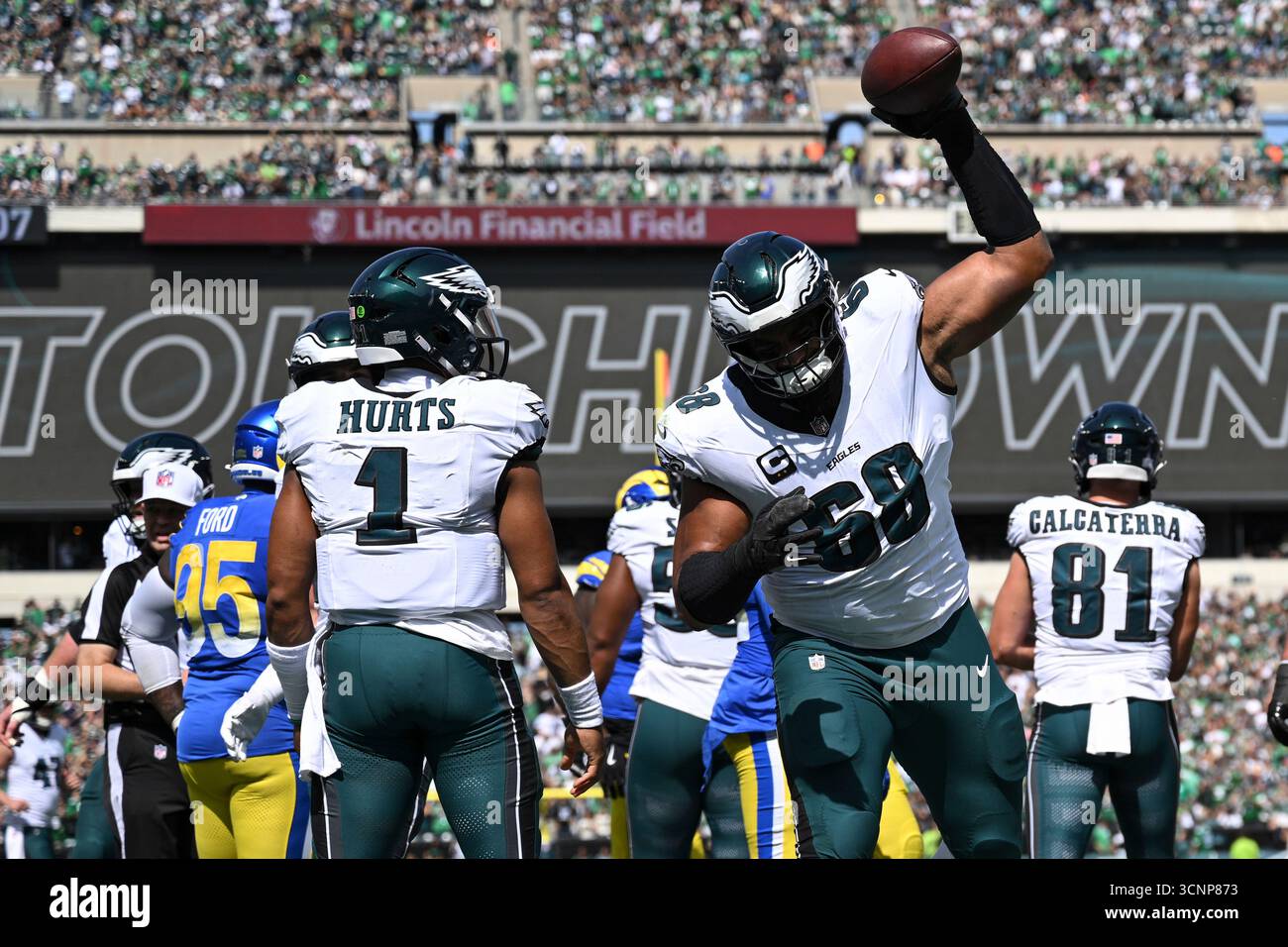 Philadelphia Eagles offensive tackle Jordan Mailata (68) spikes the ...