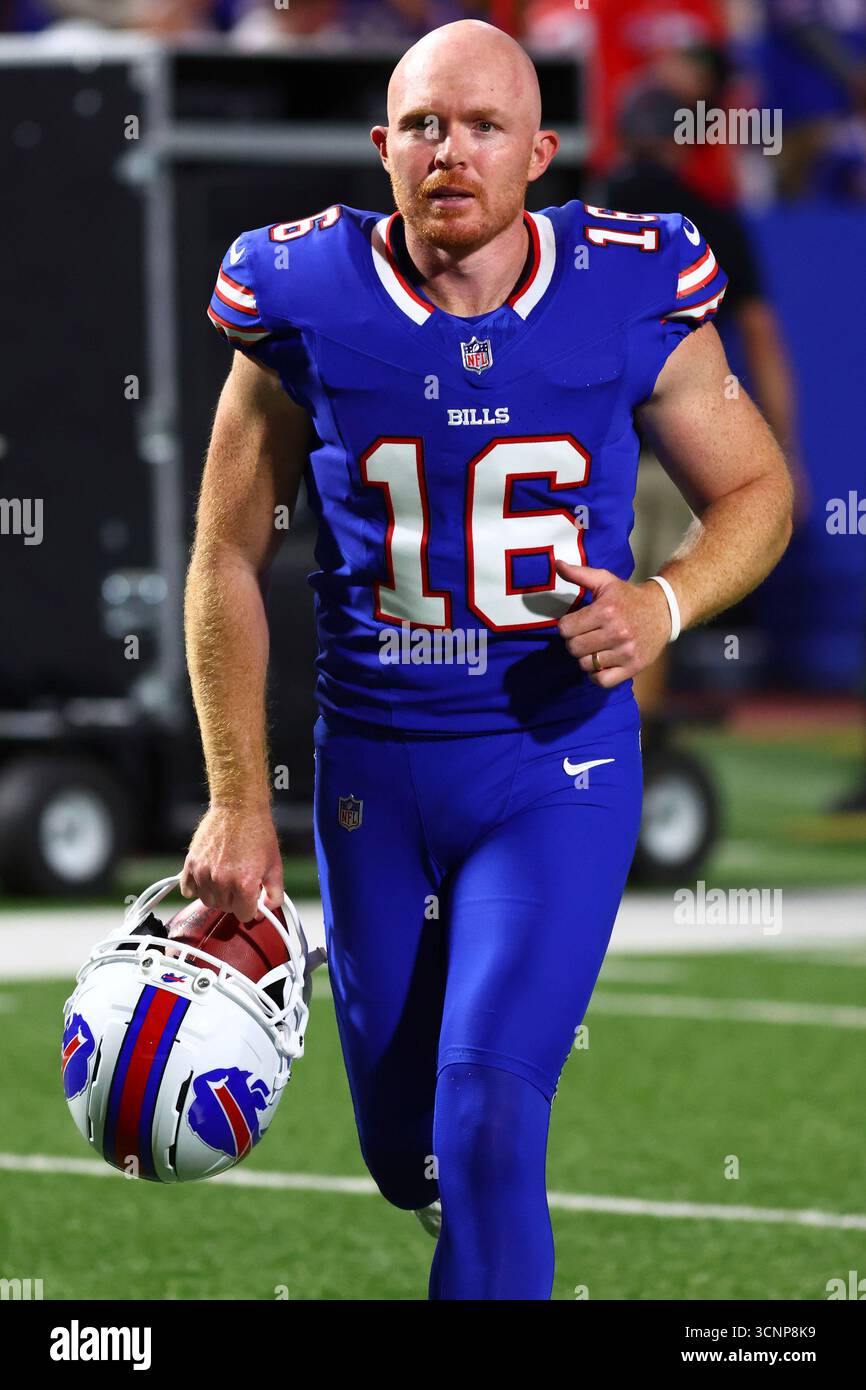 Buffalo Bills punter Cameron Johnston (16) runs onto field before the ...