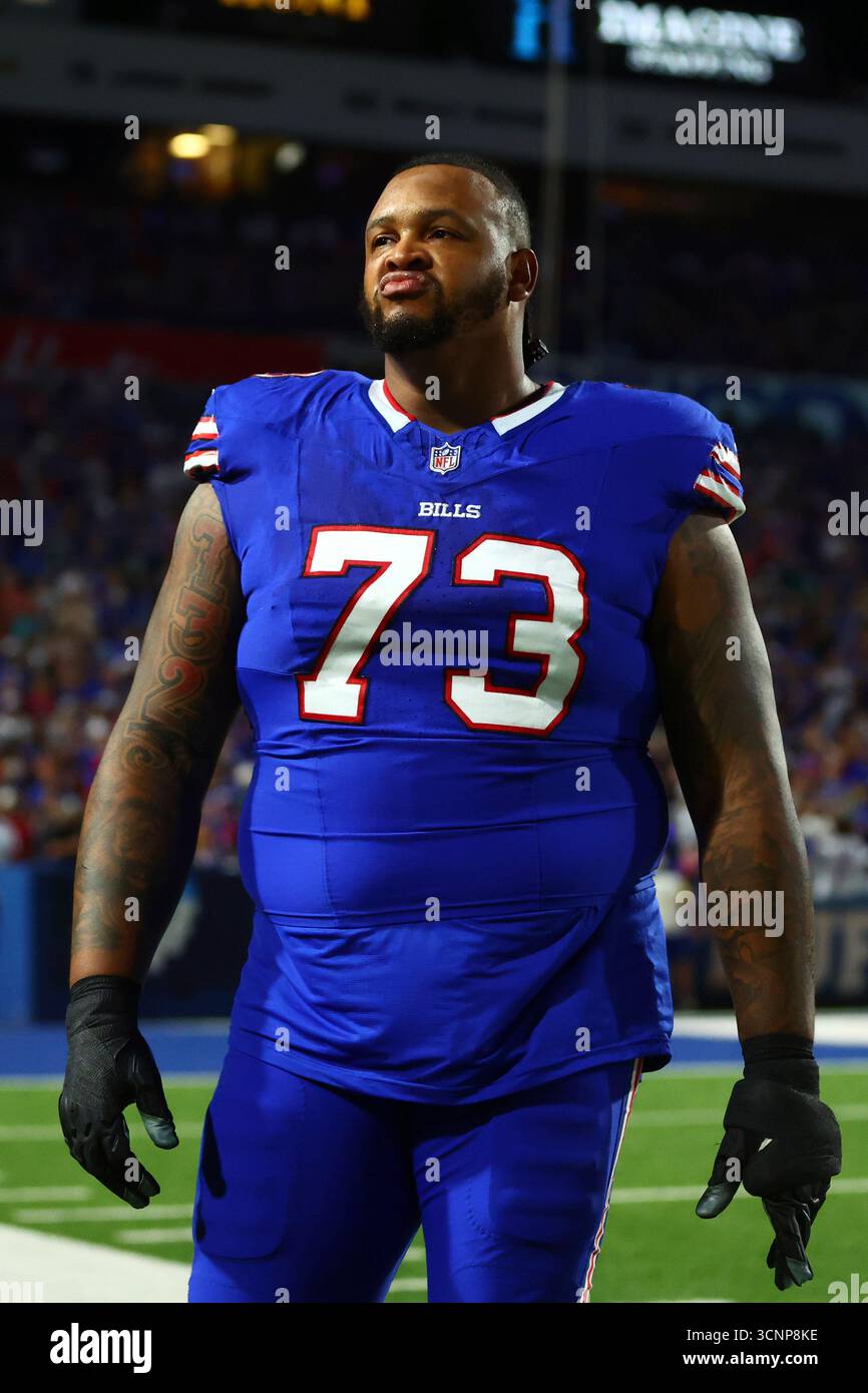 Buffalo Bills offensive tackle Dion Dawkins (73) looks on before the ...