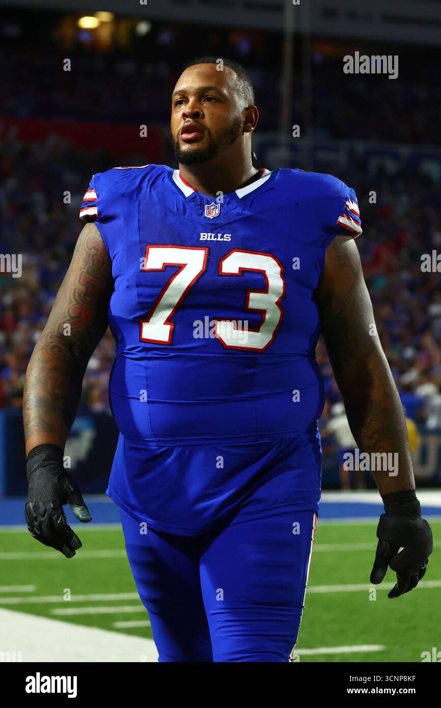 Buffalo Bills offensive tackle Dion Dawkins (73) looks on before the ...