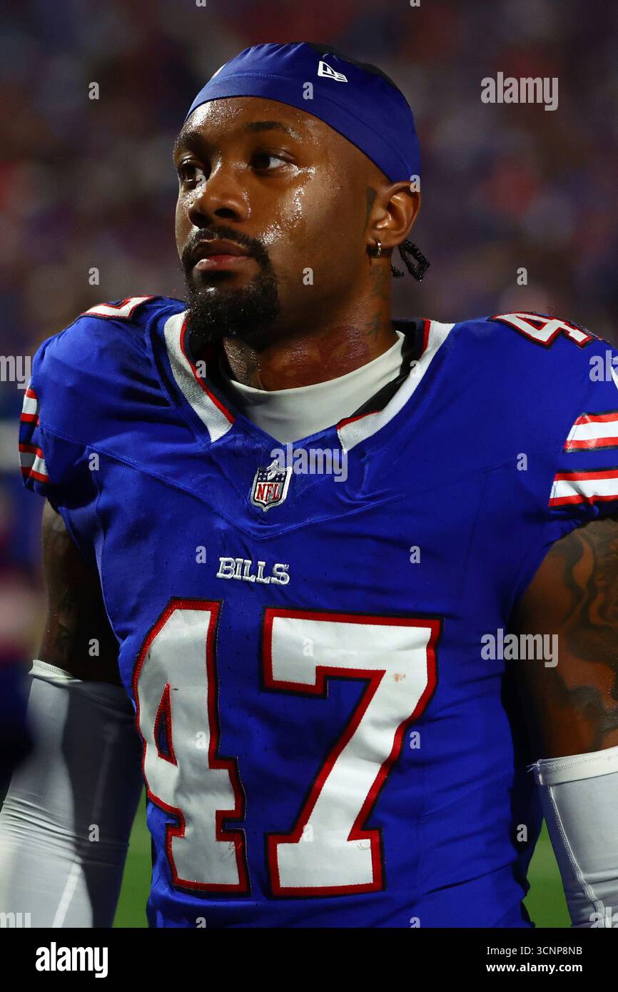 Buffalo Bills cornerback Christian Benford (47) walks off the field ...