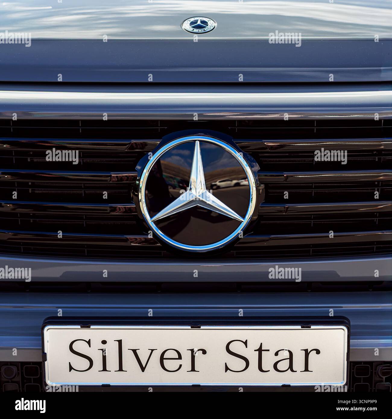 BURGAS, Bulgaria - September 20, 2025: Front view of Mercedes-Benz logo ...