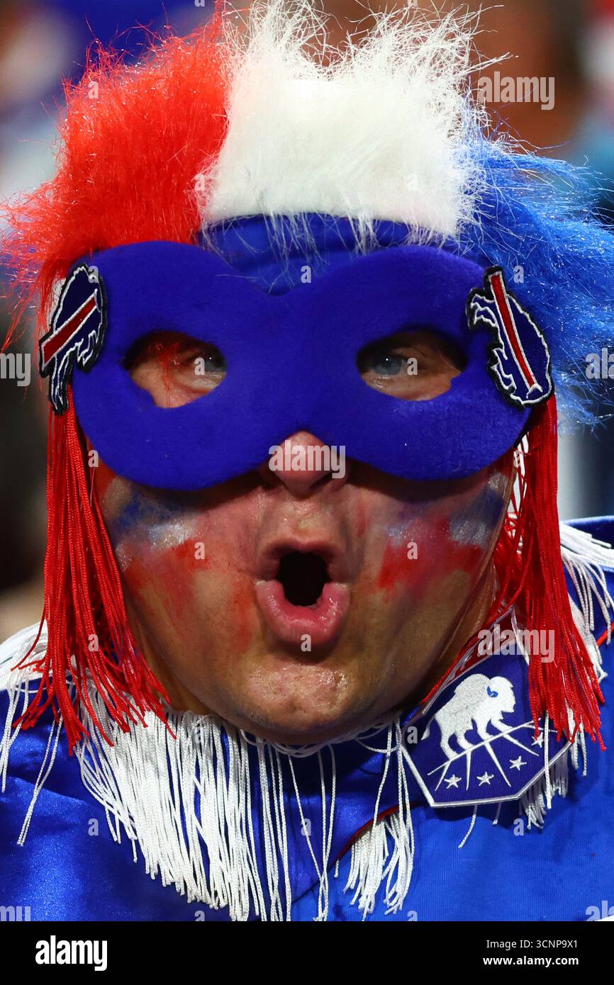A Buffalo Bills fan reacts during the second half of an NFL football ...