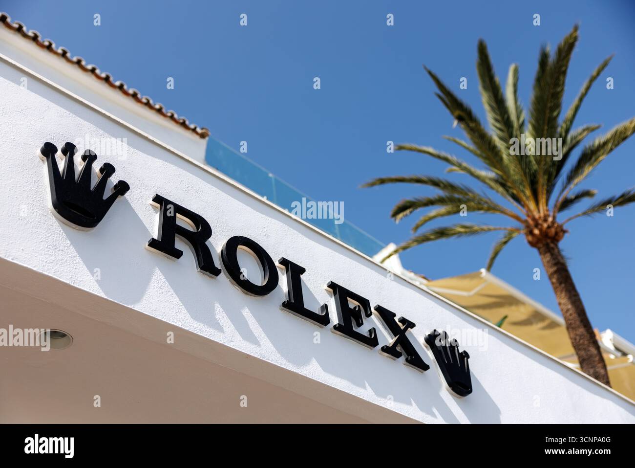 21 September 2025, Spain, Marbella: The logo and lettering of the Rolex ...