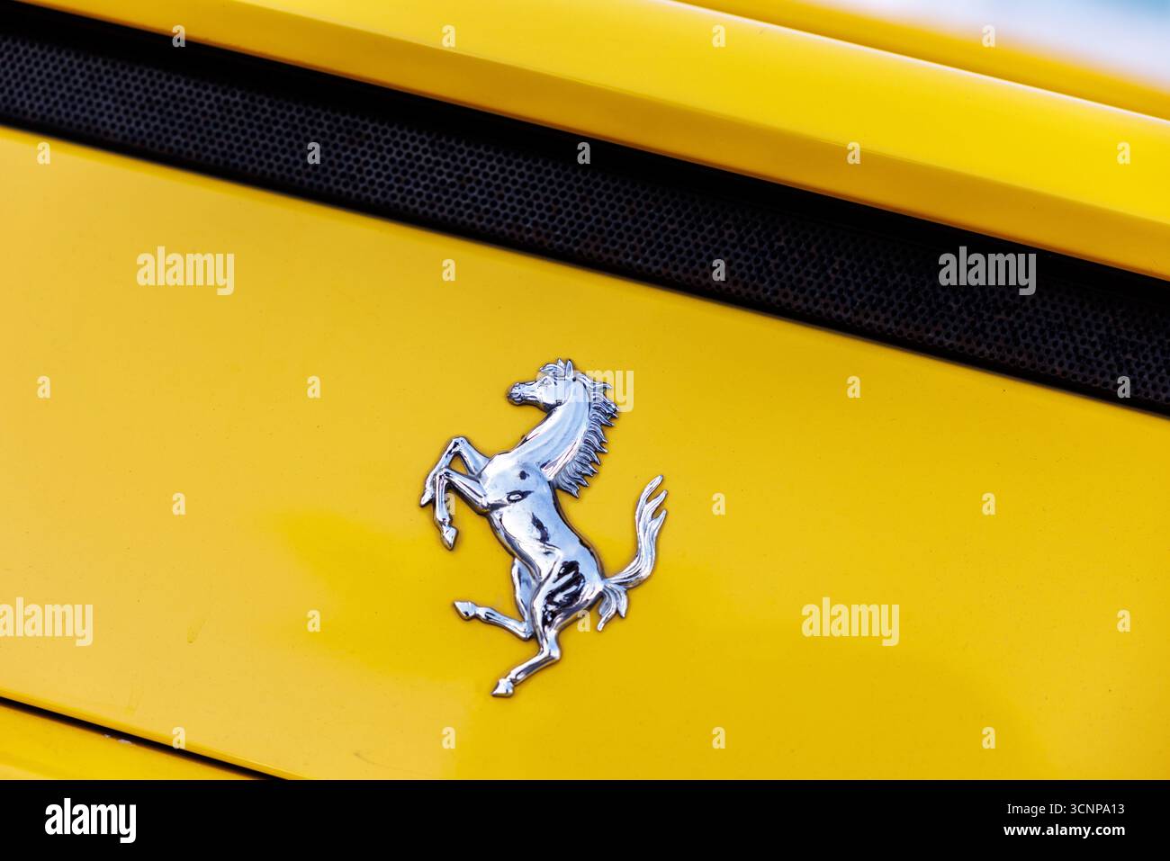21 September 2025, Spain, Marbella: The Ferrari brand logo (emblem ...