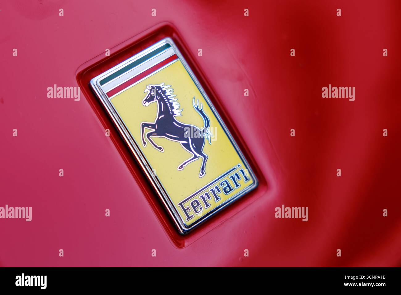 21 September 2025, Spain, Marbella: The Ferrari brand logo (emblem ...