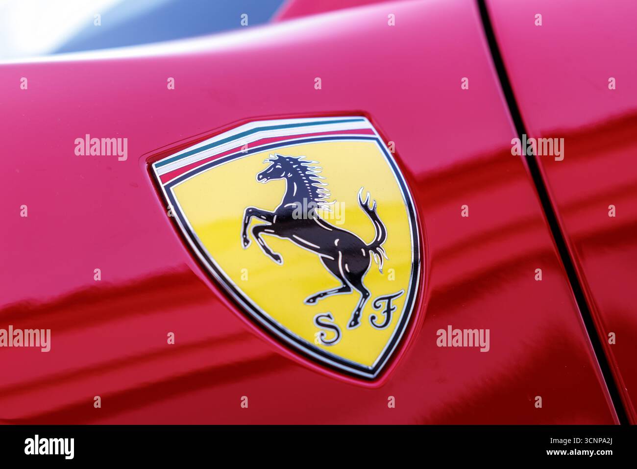 21 September 2025, Spain, Marbella: The Ferrari brand logo (emblem ...