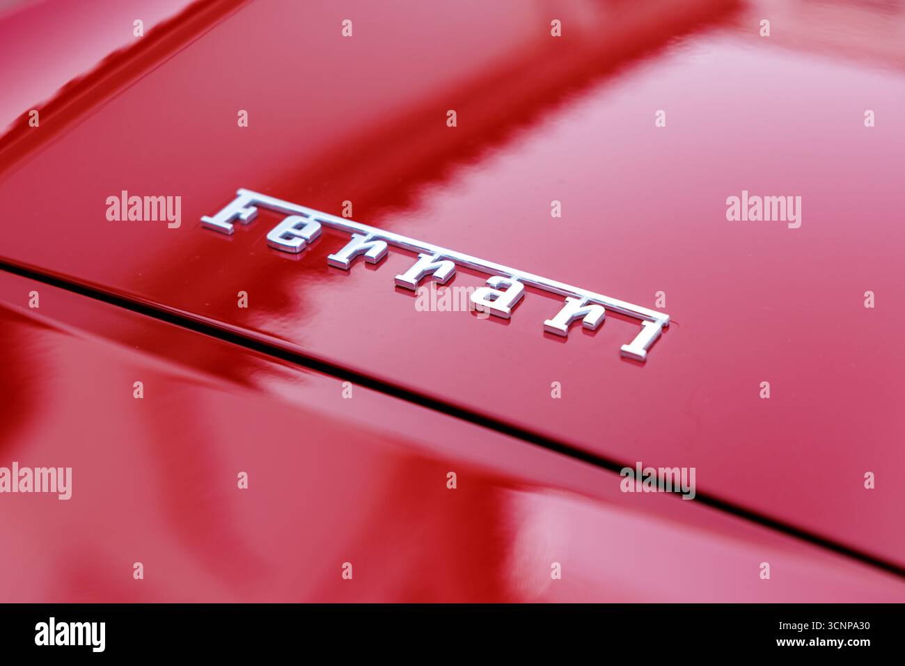 21 September 2025, Spain, Marbella: The Ferrari brand logo (emblem ...