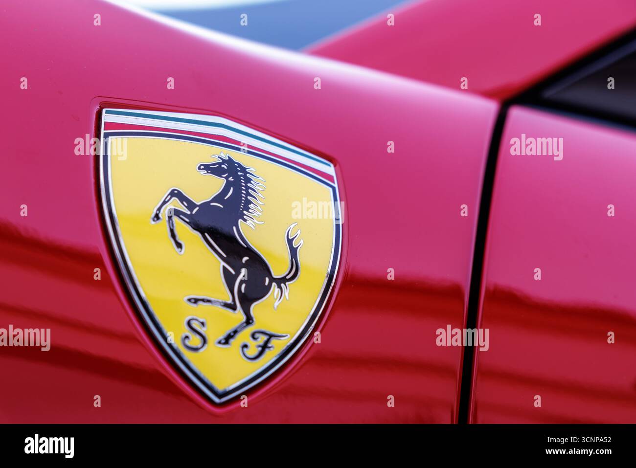 21 September 2025, Spain, Marbella: The Ferrari brand logo (emblem ...
