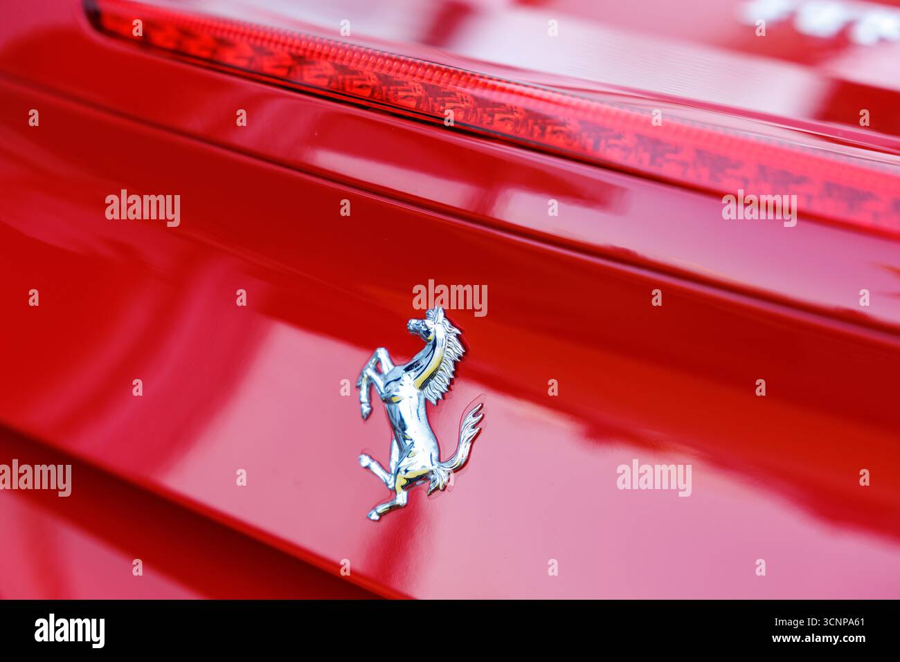 21 September 2025, Spain, Marbella: The Ferrari brand logo (emblem ...