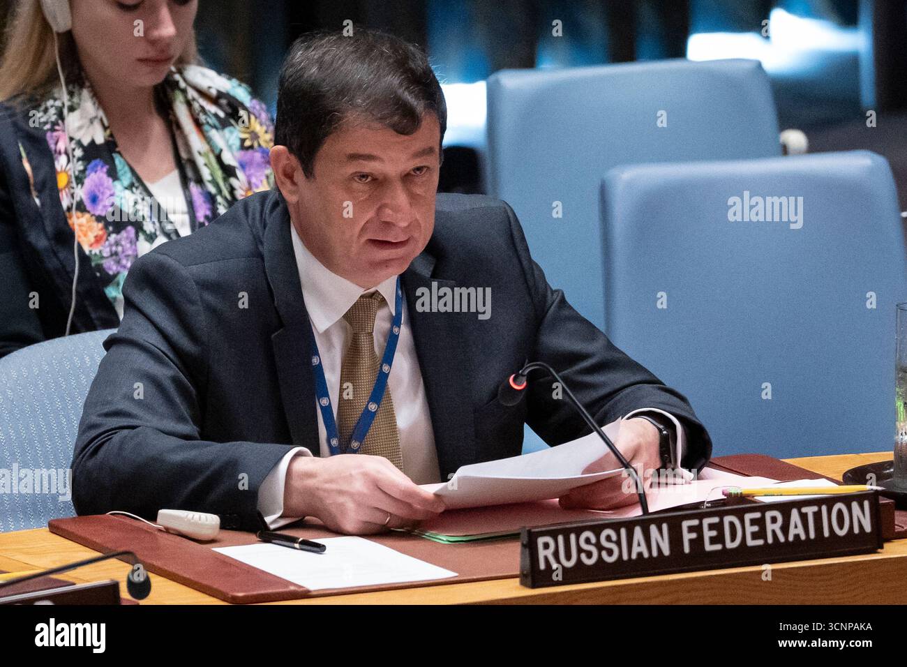 Russia's First Deputy Permanent Representative to the United Nations Dmitry Polyanskiy speaks ...