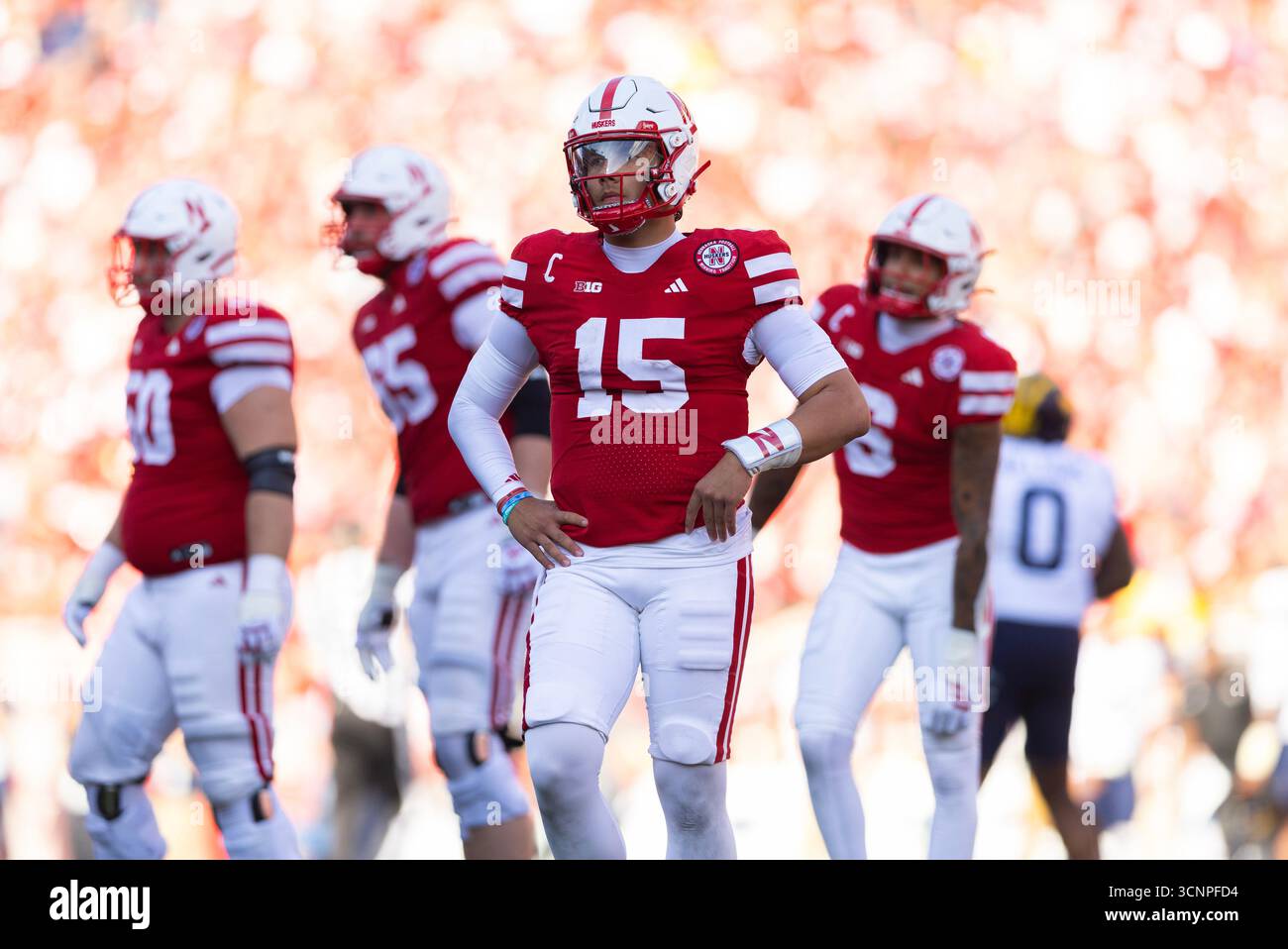 Nebraska quarterback Dylan Raiola (15) looks to the sideline between plays against Michigan ...