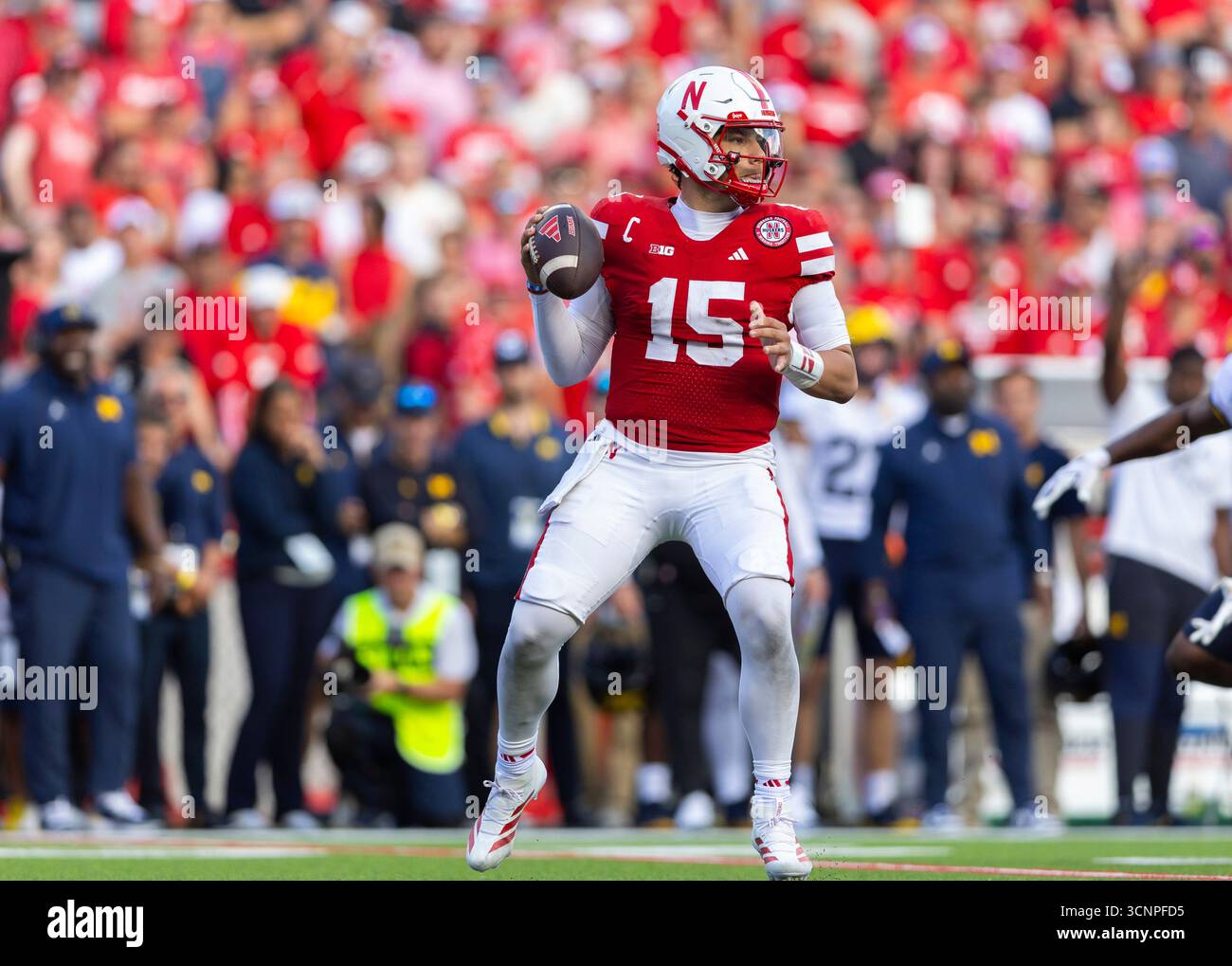 Nebraska quarterback Dylan Raiola (15) sets up a play against Michigan ...