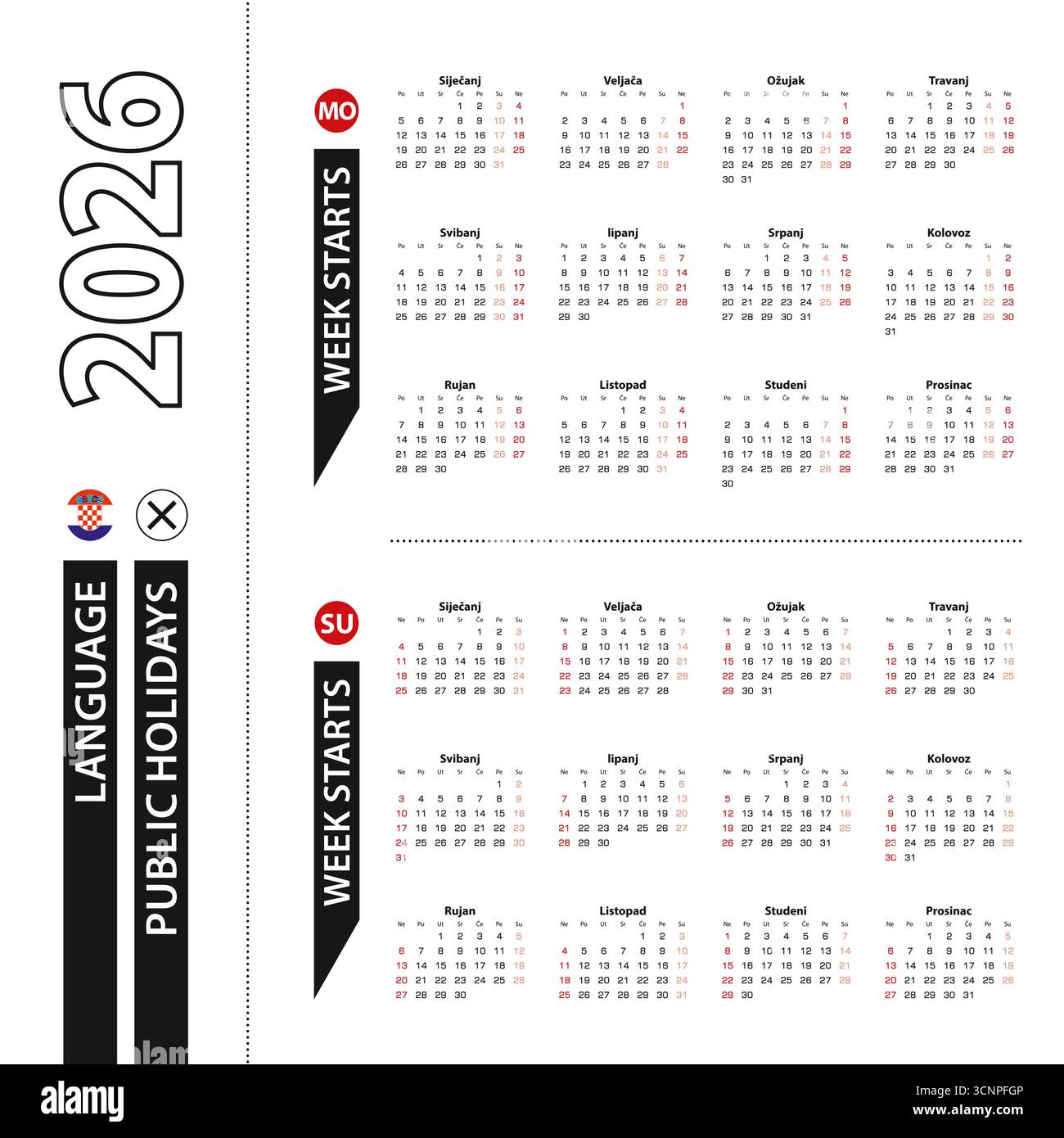 Two versions of 2026 calendar in Croatian, week starts from Monday and ...