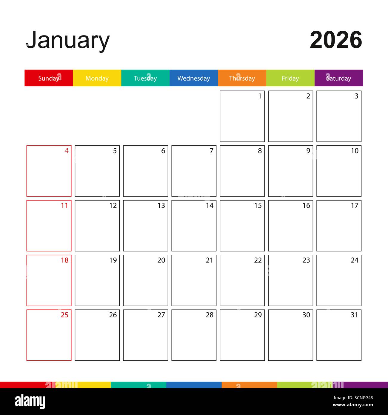January 2026 colorful wall calendar, week starts on Sunday. 2026 ...