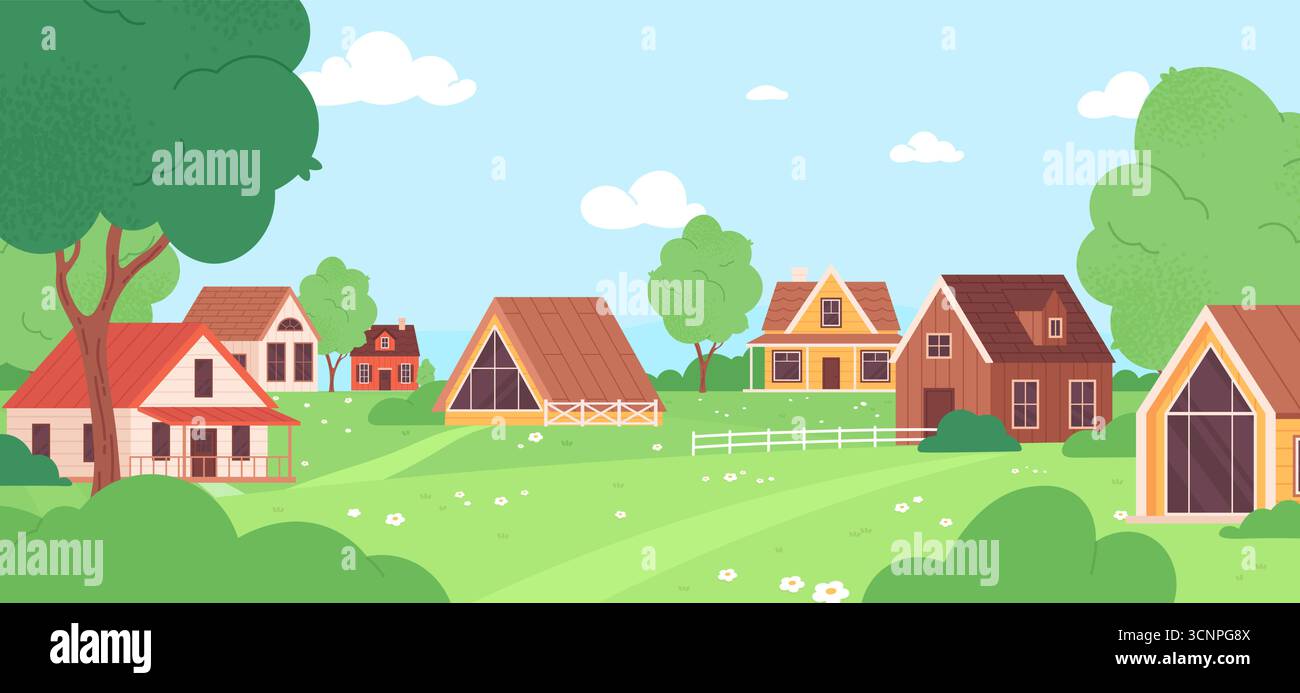 Village landscape. Cute wooden cabins in green valley. Cleat nature ...