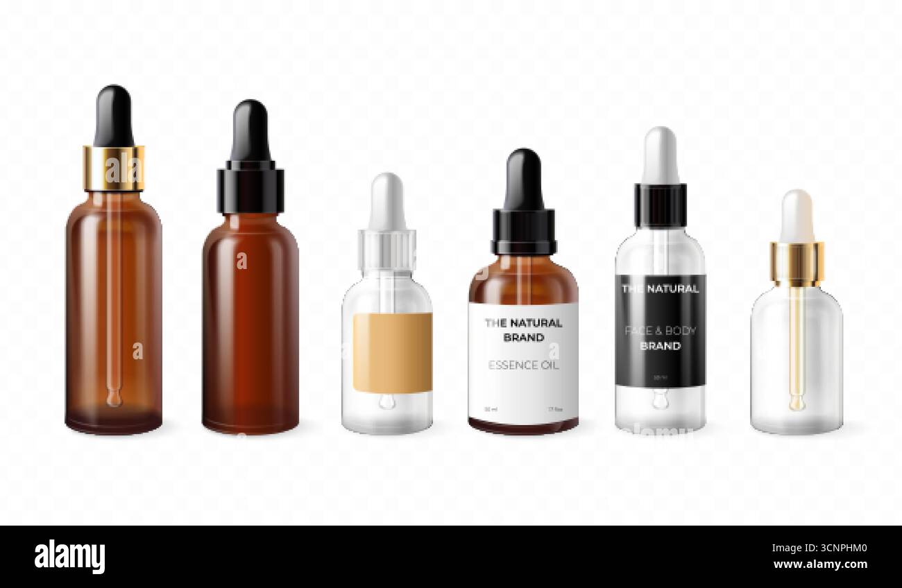 Cosmetic dropper. Realistic droppers with pipette, amber glass bottles ...