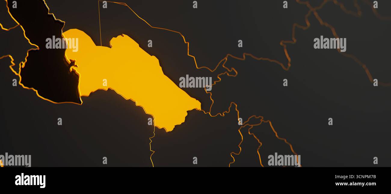 Golden Turkmenistan 3d map surrounded with other countries in black ...