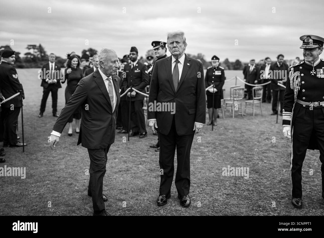 President Donald Trump and King Charles III greet troops after a joint ...