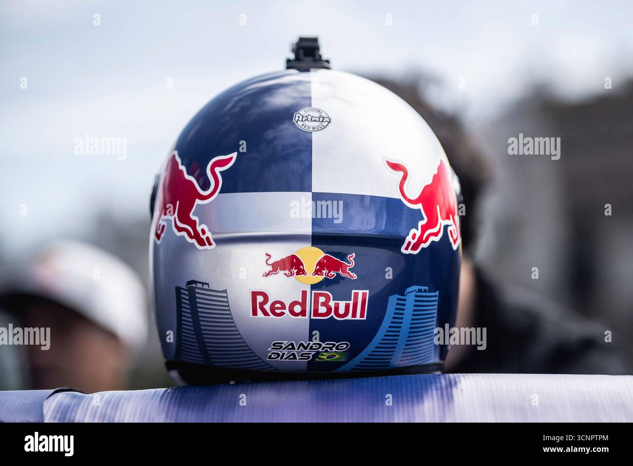 Detail of Sandro Dias helmet during the Red Bull Building Drop in Porto ...