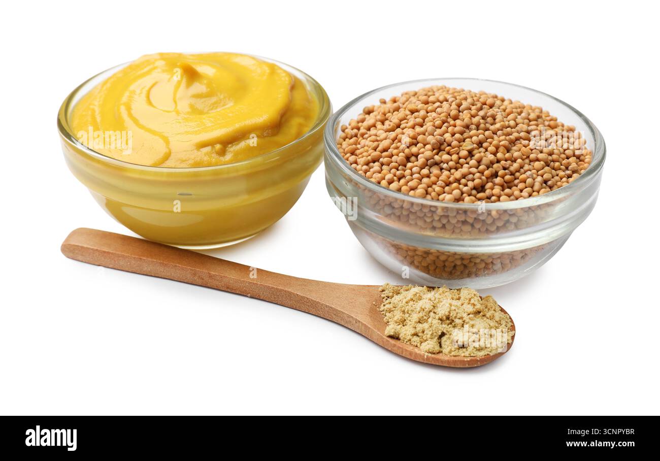 Different types of mustard isolated on white Stock Photo - Alamy