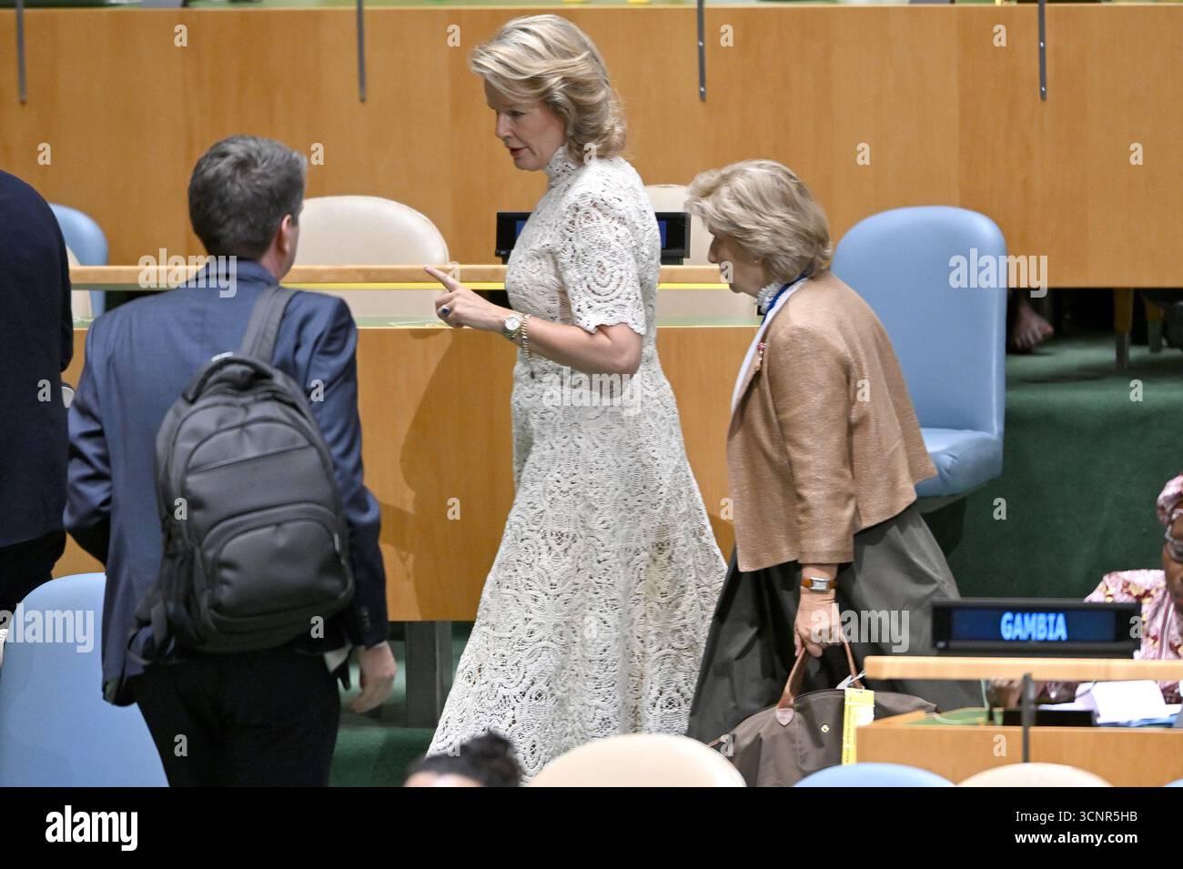 Queen Mathilde of Belgium (c) seen departing the United Nations General ...